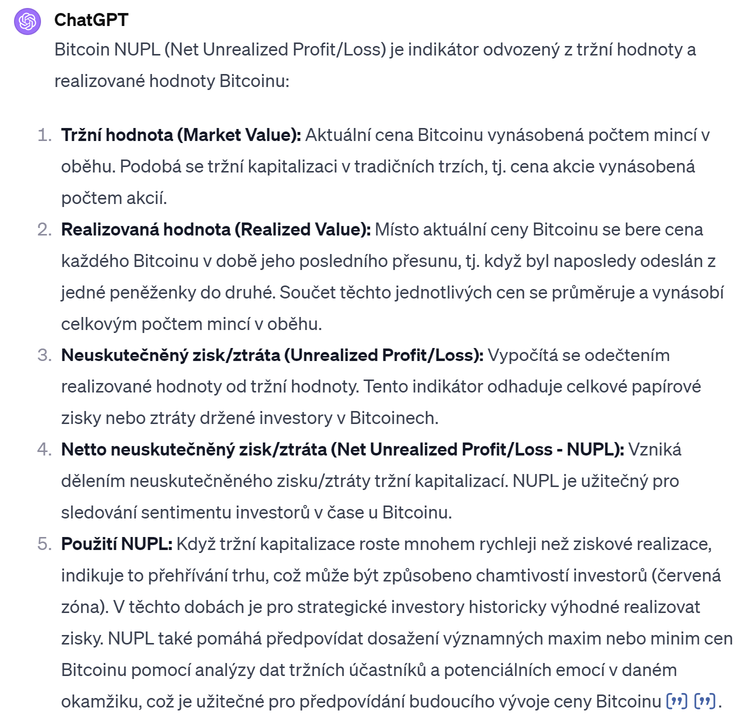 Vysvětlení NUPL indikátoru od ChatGPT.